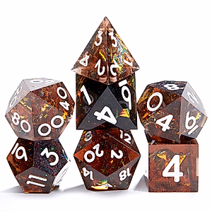 Xinwangda D & D Dice Set 11 manual translucent polyhedron goblin flash epoxy resin dice gift metal box game dice suitable for ttrpg dungeon and dragon role-playing games desktop games (Amber)