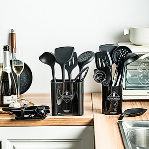 Cooking Utensils Set of 9 - Complete Kitchen Utensils for Cooking with Storage Box & Spoon Holder - Durable and Nonstick Cookware-Cooking Tools (Black-A)