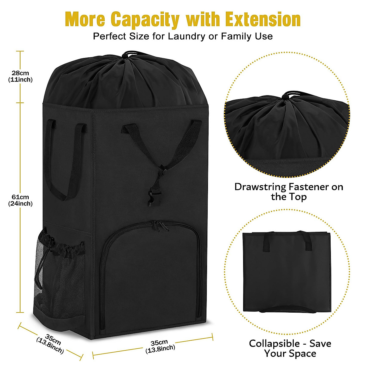 Laundry Bag Backpack Extra Large 110L, Stand up Laundry Hamper Basket for College Dorm Essentials, Collapsible & Extension Laundry Backpack Multi Pockets for Laundromat, Apartment, Travel, Black