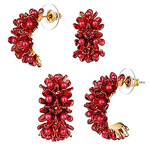 Wgoud 2 Pairs of Bohemian Style Metal Flower Hoop Earrings - Stylish Gold Plated Colorful Pearl Blossom Floral Hoops Earring Jewerly for Women Girls (RedA)