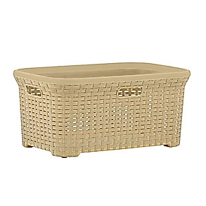 Designed Laundry Basket Plastic Storage Hamper Basket, Beige Cloths Basket Organizer with Cut-Out Handles. Space Saving for Laundry Room Bedroom Bathroom, Wicker Design 50 Liter