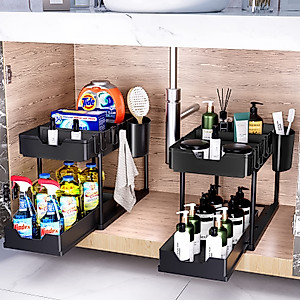 Puricon 1 Pack Under Sink Organizers and Storage 2-Tier Double Sliding Pull-out Drawer, Under the Sink Organizer Kitchen Multi-purpose Under Bathroom Sink Shelf Storage Rack for Cabinet -Black