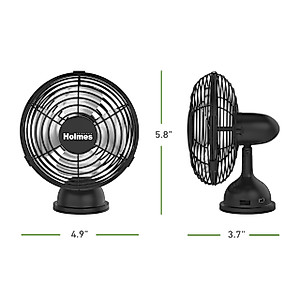 HOLMES 4" Mini Heritage Desk Fan, USB-Powered, Single Speed, 4 Blades, Adjustable 100° Head Tilt, Metal Construction, Ideal for Home, Dorm Rooms, Bedrooms, Office or Travel, Vintage Matte Black