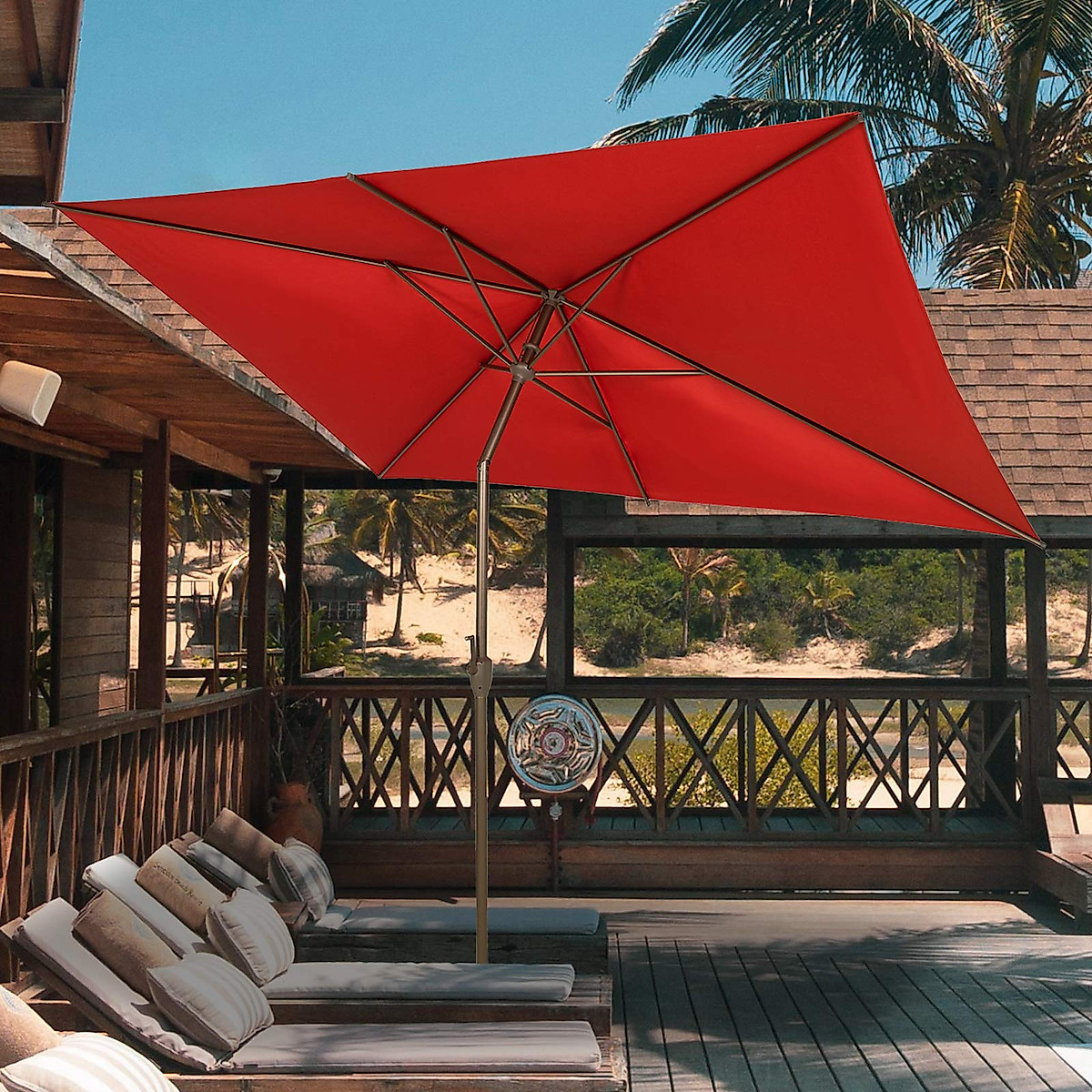 Ogrmar 6.5x10ft Patio Umbrella Rectangular Outdoor Table Umbrella with Crank & Push Button Tilt for Terrace, Backyard, Garden, Courtyard, Swimming Pool, Lawn (Dark Red)