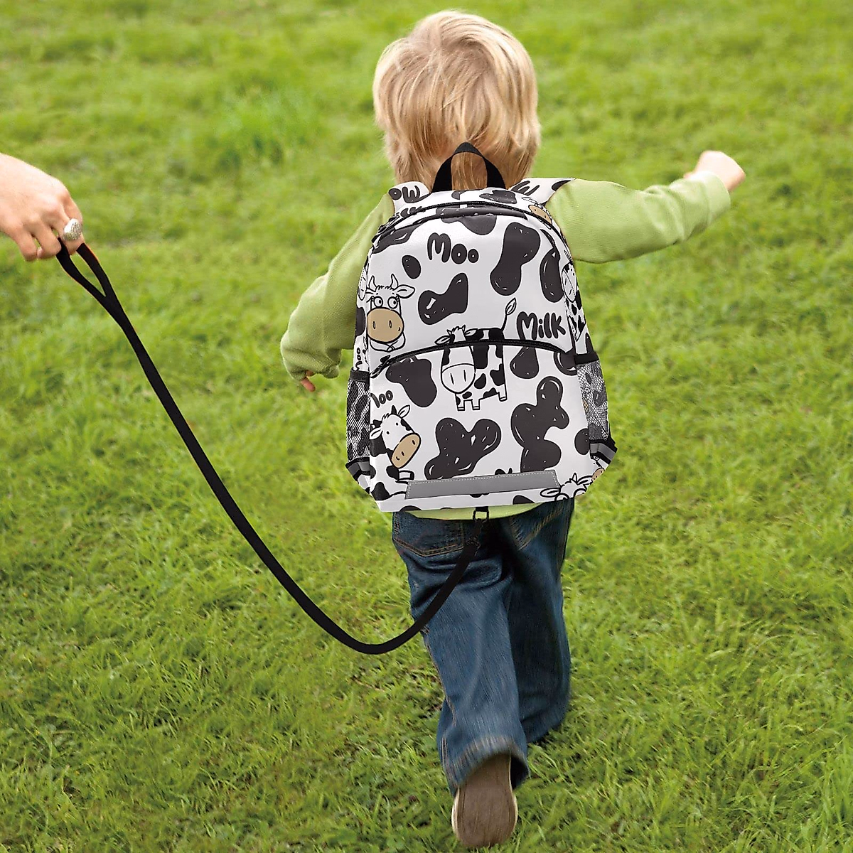 QUGRL Black White Cow Kids Toddler Backpack with Leash Harness Cute Milk Kindergarten Child Schoolbag Preschool Nursery Baby Travel Bag for Boys Girls 3-8 Years