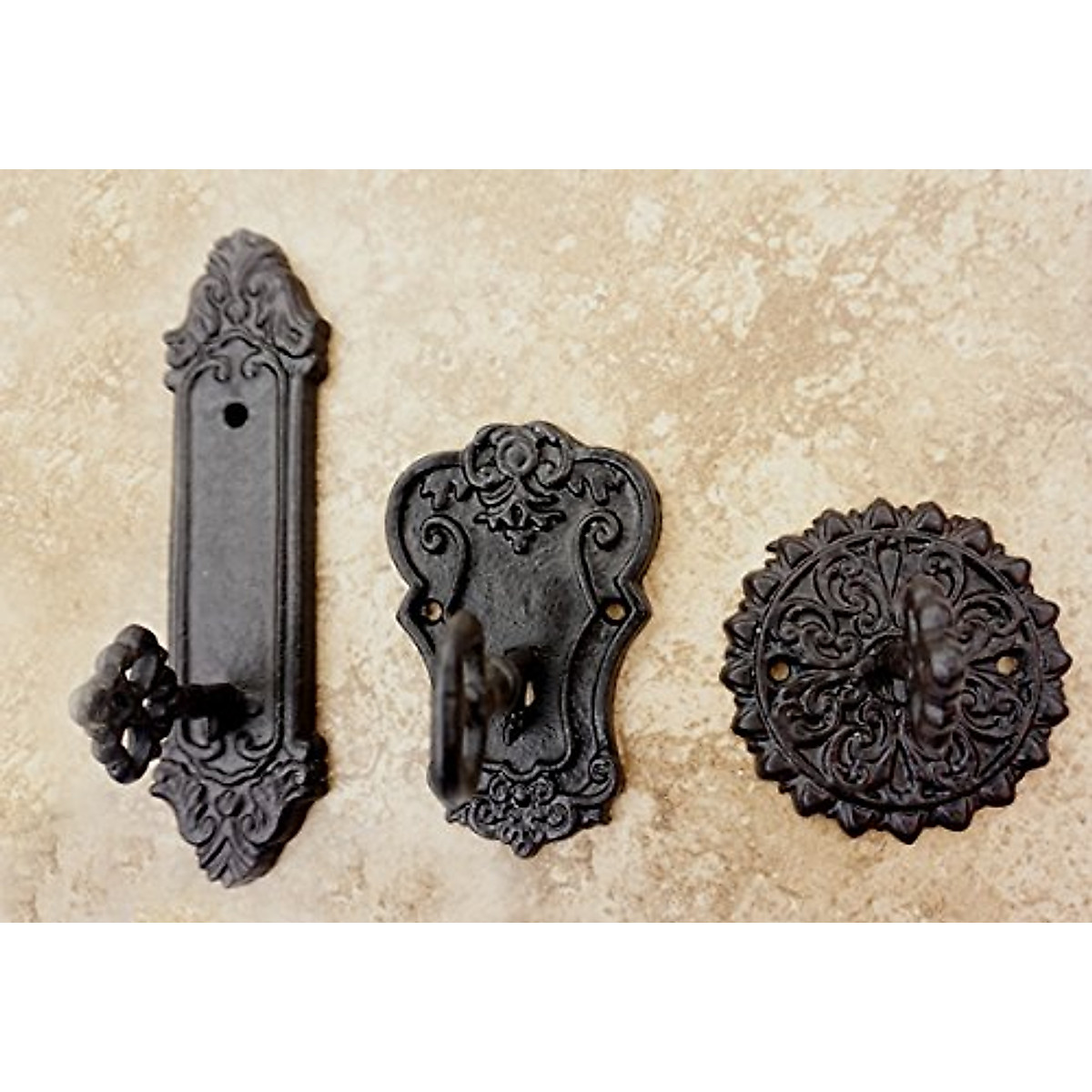 Lulu Decor, Cast Iron Antique Key Shaped Set of 3 Hooks in Different Style, Strong Heavy Decorative Hooks in Black, Useful and Elegant Wall Decor, Perfect for Housewarming Gifts/Holiday Gifts (Roman)