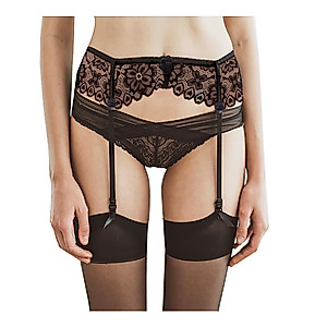 Garter Belt and Stockings - Women's Black Lace Metal Clips Suspender Belt With Thigh High Stockings