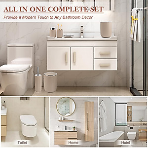 Boperzi Bathroom Accessory Set 8 PC: Bathroom Accessories Set with Trash Can, Lotion Dispenser, Soap Dish, Toothbrush Cup,Toilet Brush, Adhesive Hooks - Bathroom Decor Kit, Beige Bathroom Set Complete