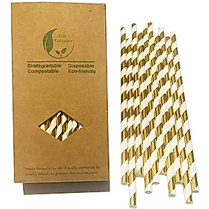 Shining Gold Striped Paper Straws, 100Percent Biodegradable Decorate Straws, Premium Cocktails Straws for Drinking, Juice, Smoothie Packed 100, 6x197mm