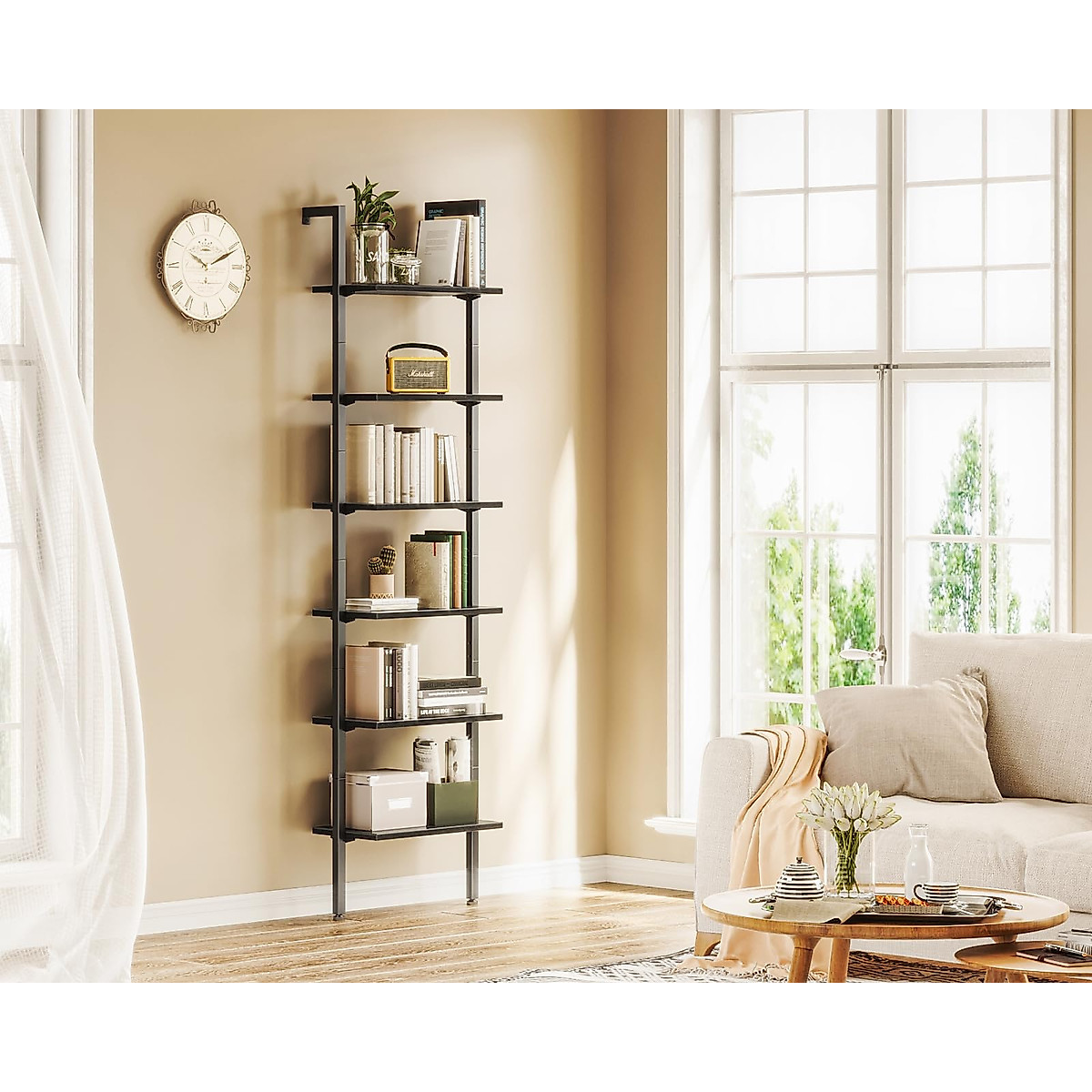 ODK Ladder Shelf, 6 Tier Black Bookshelf, 86 Inch Wall Mounted Book Shelf with Metal Frame, Ladder Bookshelf Bookcase for Bedroom, Home Office and Living Room