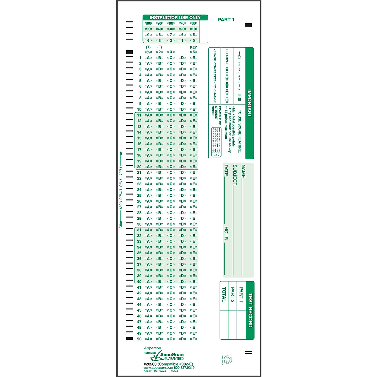 Apperson 20260 882-E Compatible Answer Sheet 50-Pack