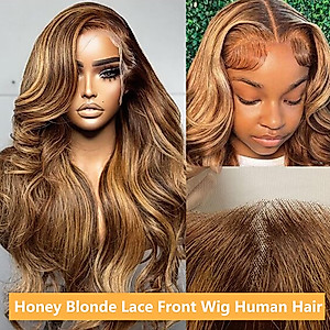 TXIXS 28 Inch Honey Blonde Lace Front Wig Human Hair 13x4 Ombre Lace Front Wig Human Hair Pre Plucked with Baby Hair 180% Highlight Glueless Lace Front Wigs Human Hair Body Wave Lace Frontal Wigs