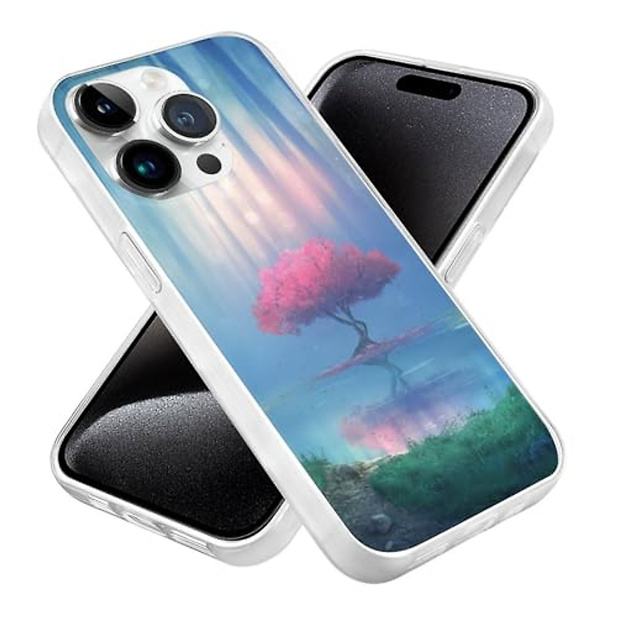 Niapessel Compatible with iPhone 15 Pro Max Case Pink Cherry Tree in Forest Print Shockproof Protective Phone Cases Slim Thin Cover TPU for Women Men Boys Girls