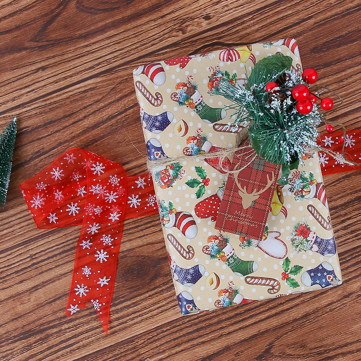 Aimyoo Kraft Christmas Wrapping Paper Jumbo Roll, Christmas Stockings Candy Canes Gloves Designs, Kids Xmas Gift Wrap Paper 17 in x 32 ft