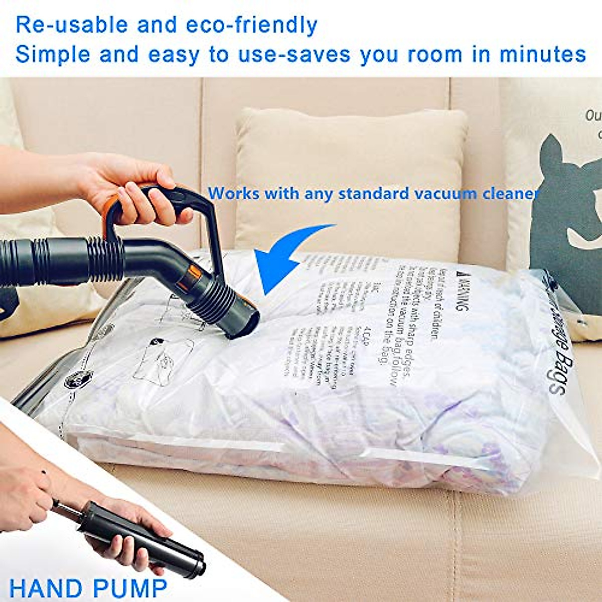 Space Saver Bags (6 Small) Vacuum Storage Sealer Bags for Blankets Clothes Pillows Comforters with Hand Pump - 6 Small