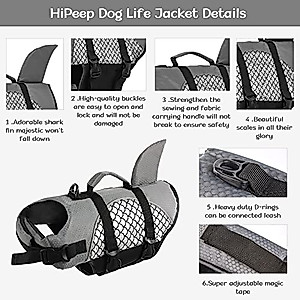 HiPeep Ripstop Dog Life Jacket Adjustable Dog Life Vest Safety Lifesaver Puppy Life Preserver Superior Buoyancy Swimming Boating Rescue Handle Shark Design for Small Medium Large Dogs（Silver,L）