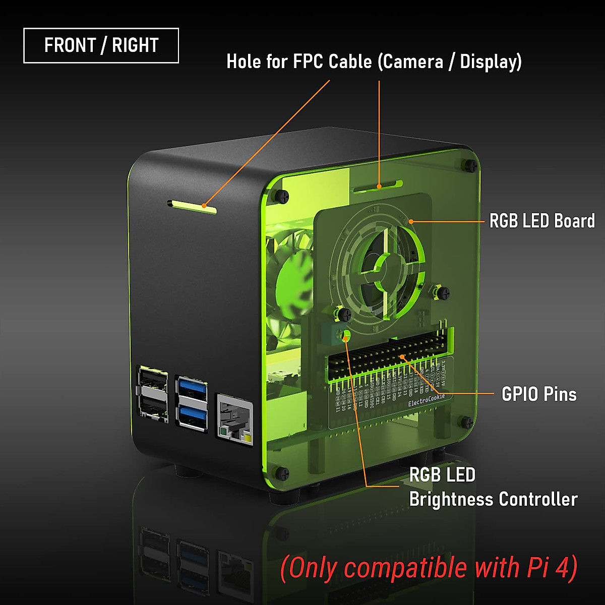 ElectroCookie Raspberry Pi 4 Case, Aluminum Mini Tower Case with Cooling Fan and Color Changing Ambient Light (Black Neon)