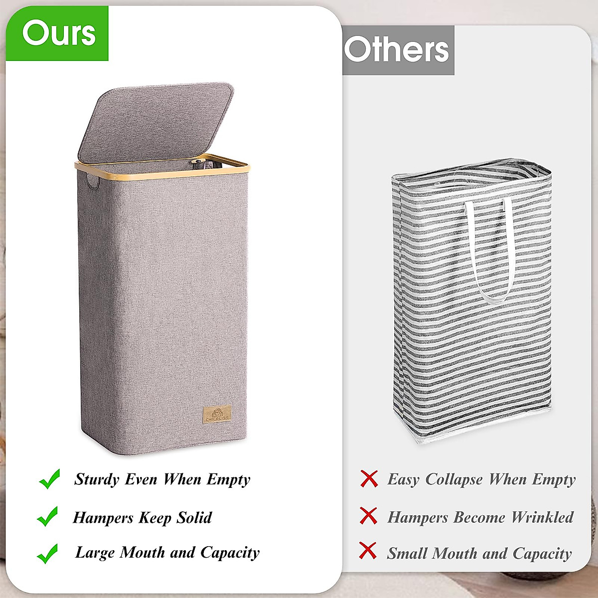 ChicBliss Large Laundry Basket with Lid, 100L Laundry Hamper with Bamboo Handles for Clothing, Toys, and Towels, Freestanding Collapsible Laundry Bin with Removable Inner Bag for Bathroom (Standard)