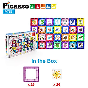 PicassoTiles Magnetic Building Blocks with Tiles and Educational Artwork Graphic Click-in Inserts Magnet Construction Toy Set STEM Learning Kit Playset Child Brain Development PT56