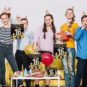 Black Gold 16th Birthday Gift Bag, Gold 16th Birthday Gift Wrap Bag with Tissue Paper and Card Gold Black 16th Birthday Gift Bags Candy Wrapping Bags for Men Women Christmas 16th Birthday Supplies