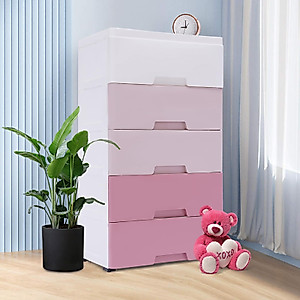 Xianikoho Storage Cabinet for Toy Organizers and Storage Bedroom Clothing Drawer Cabinet and Craft 5 Drawer Plastic Storage Canisters Sets with Shelving Units and Storage (Gradient Pink)