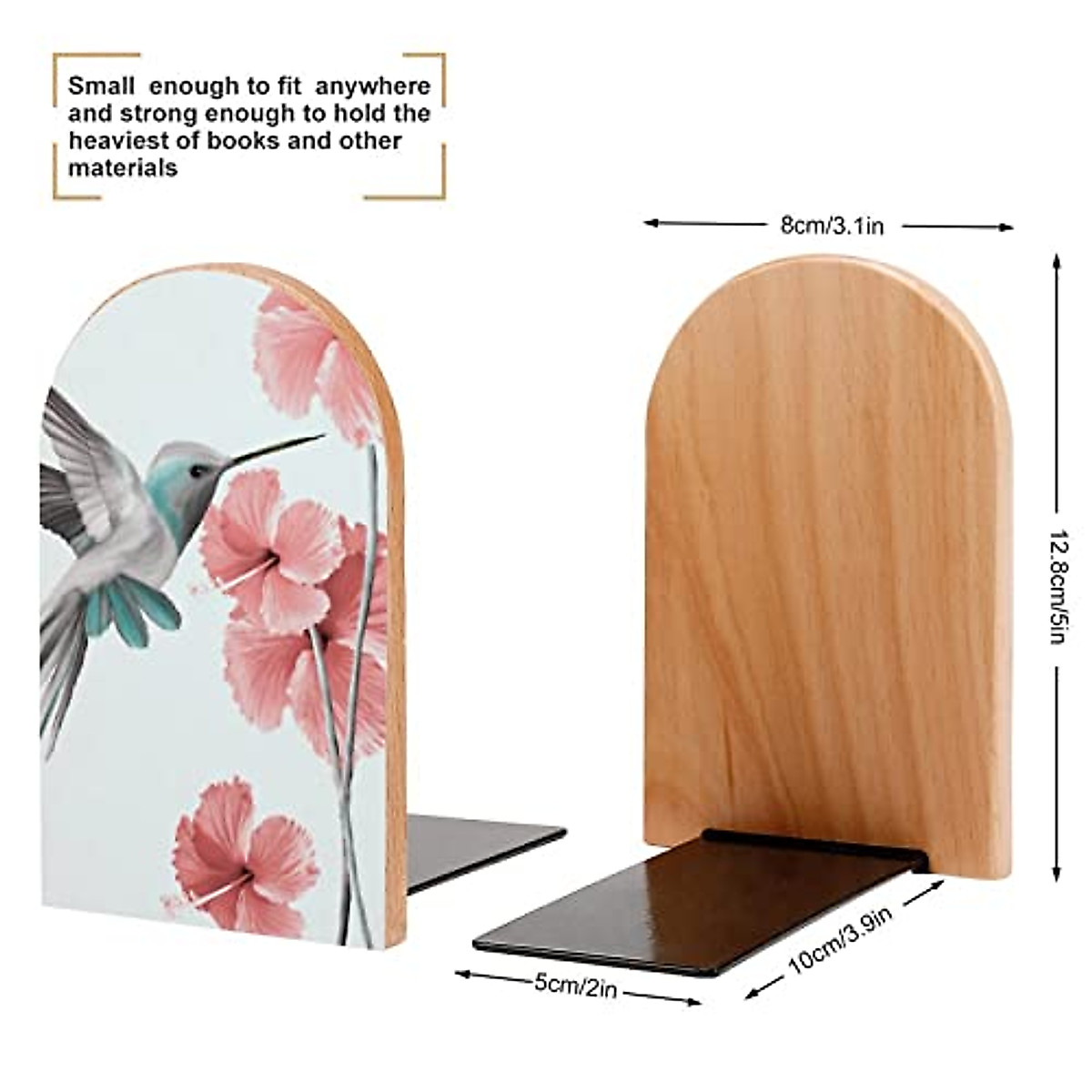 Wooden Book Ends 2 Pieces,Hummingbird with Hibiscus Decorative Bookshelf Sturdy Book Holders for Home Office School Book Organizers 5x3.1x3.9 inches