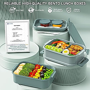 DaCool Lunch Box Adults Bento Box - 74 OZ All-in-One Stackable Lunch Box Containers for Adult Large Bento Box with Fork Spoon Sauce Boxes, Leakproof Lunchbox for Work School Dining Out, Morandi-Green