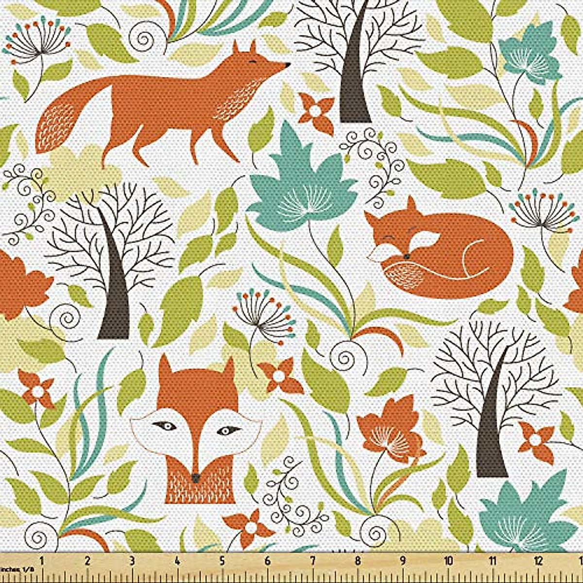 Ambesonne Cartoon Fabric by The Yard, Wild Fox Wolf with Leaves Flowers and Leafless Trees Print, Decorative Fabric for Upholstery and Home Accents, 1 Yard, Orange Green and Blue