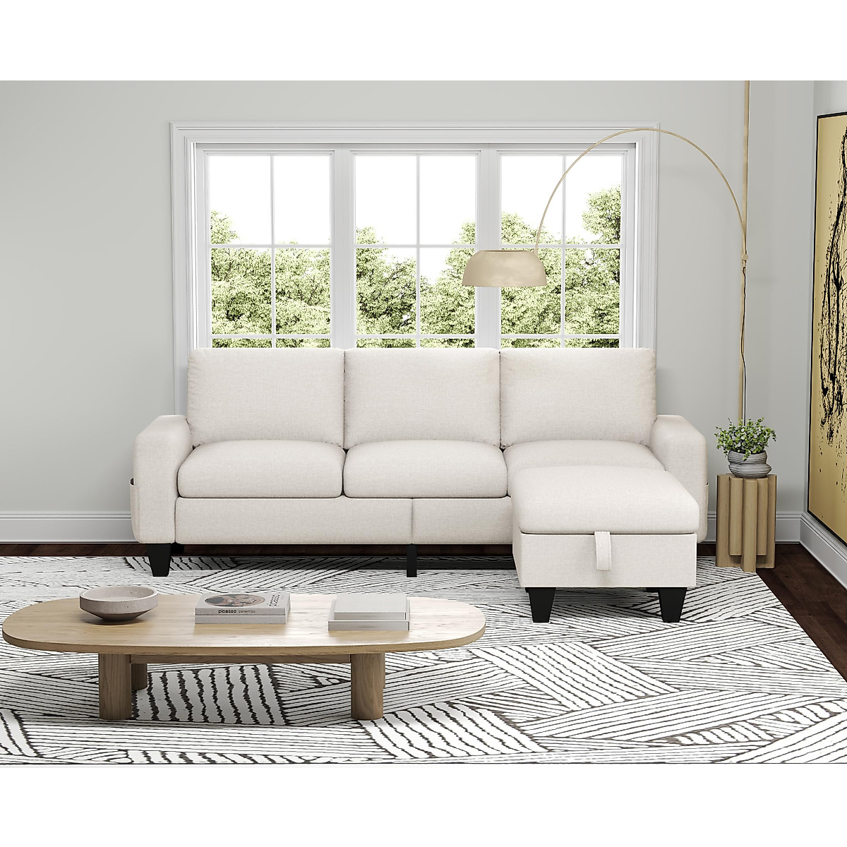 Yattem Convertible Sectional Sofa Couch：Modern L-Shaped Sofa Couches with Reversible Storage Ottoman & Side Storage Pockets - 3-Seat Beige Linen Sofa Couch for Living Room/Apartment/Studio/Small Space