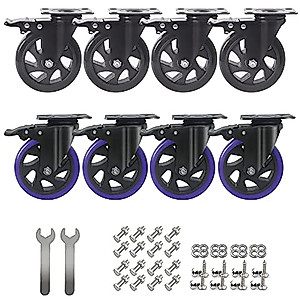 5 Inch Swivel Caster Wheels Set of 8, Heavy Duty Casters with Brake, Polyurethane Locking Casters for Cart, Workbench and Trolley-Load 2200lbs, Black(Two Hardware Kits)