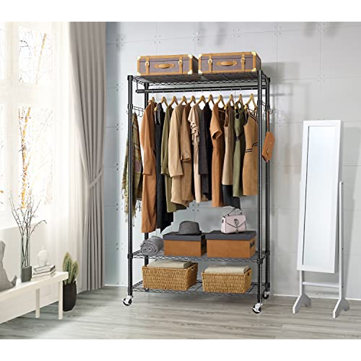Finnhomy 47.2" L Metal Clothes Rack for Hanging Clothes 25mm Dia Tube Heavy Duty Garment Rack with 3-Tier Shelves/ Double Hanging Rods/ Lockable Wheels, Portable Closet Storage Rack Freestanding Wardrobe Closet Organizer