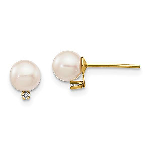 14K Yellow Gold 5mm White Round Saltwater Akoya Cultured Pearl Diamond Stud Earrings