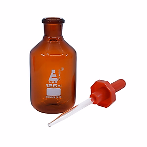 EISCO Dropping Bottle, 125ml (4.2oz) - Amber Borosilicate 3.3 Glass - Eye Dropper Pipette and Dust Proof Rubber Bulb - Octagonal, Non-Screw Top