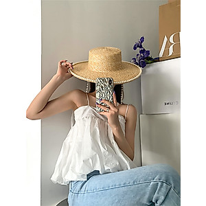 ENFUSO Women's Natural Straw Hat Pearl Decorated Fisherman's Hat Sunshade Parma Tweed Hat UV Protection Travel Retro Original Colour Cap (Straw07)