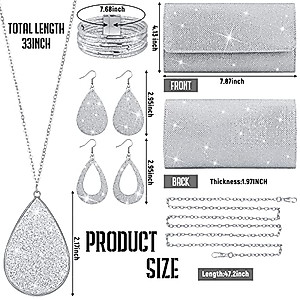 5 Pcs Women's Evening Bag with Glitter Jewelry Set, Glitter Clutch Purse Party Handbag with Chain Bling Teardrop Pendant Necklace Multi Layer Bracelet PU Leather Dangle Earring for Lady (Silver)