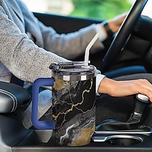 40 Oz Vacuum Tumbler with Deep Blue Handle Leakproof Insulated Tumbler Black White Gold Foil Marble Stainless Steel Travel Mug with Lid And Straw Coffee Cup Cute Water Bottles Cup Holder Friendly