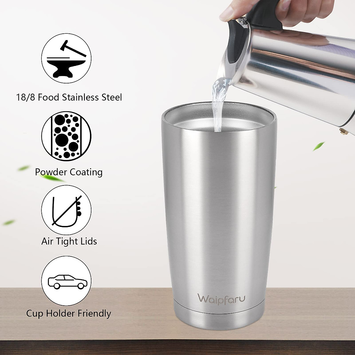 Waipfaru 20 oz Tumbler, Insulated Tumblers with Lid and Straw, Double Wall Durable Travel Coffee Mug, Stainless Steel Vacuum Tumbler, Splash-Proof Powder Coated mug for Cold & Hot Drinks (Stainless)