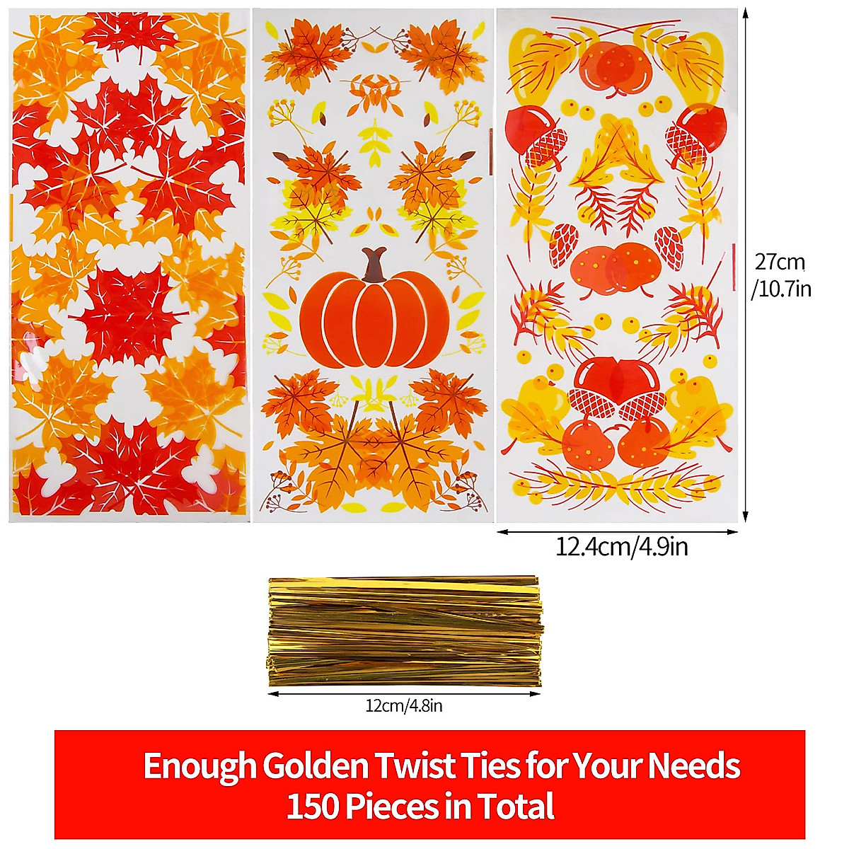 DERAYEE 120 Pieces Fall Cellophane Treat Bags, Fall Gift Bags Goodie Bags of Fall leaves for Kids Autumn Party Favor Supplies