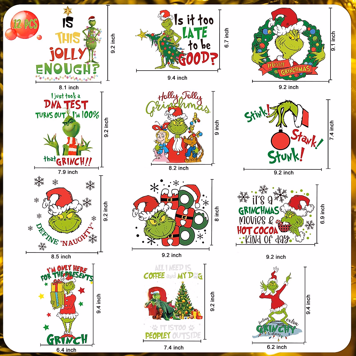 GYGOT 12 Sheets Christmas Iron On Transfers for T-Shirts,Christmas Heat Transfers Vinyl,Ready to Press Decals for T-Shirts Clothing DIY Crafts (Christmas)