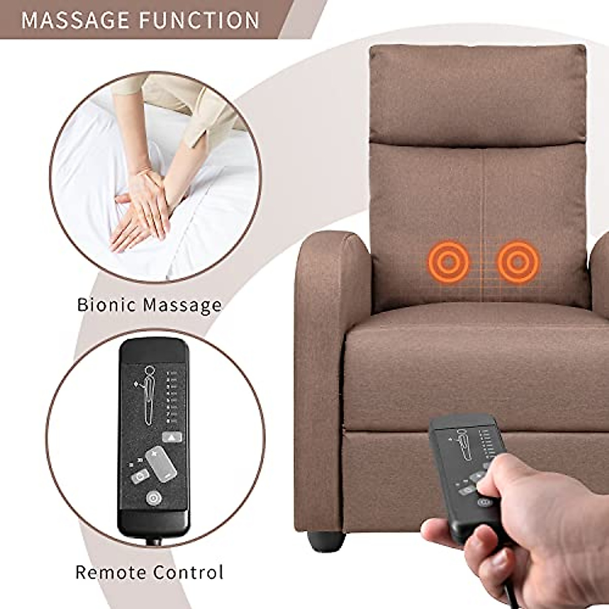 Flamaker Fabric Recliner Chair Massage Recliner Sofa Chair Adjustable Reclining Chairs Home Theater Single Modern Living Room Recliners with Thick Seat Cushion and Backrest (Brown)