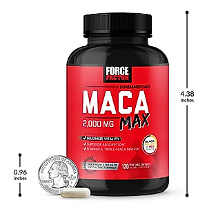 Force Factor Maca Max, Maca Root Capsules to Maximize Vitality & Performance, Made with Black Maca, Red Maca, & Yellow Maca Powder, Maca Root Powder, 2000mg, 120 Capsules