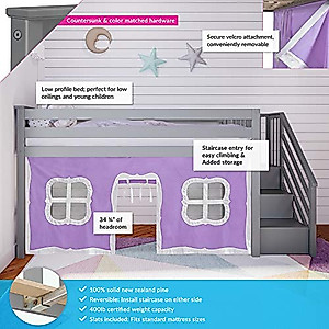 Max & Lily Low Loft Bed, Twin Bed Frame With Stairs and Curtains For Bottom, Grey/Purple