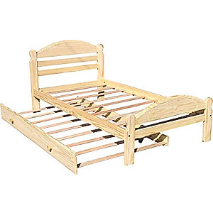 Arizona Twin Bed with Trundle Solid Pine Wooden Trundle Bed Hardwood Slats Support Unfinished Suitable for Boys Girls Kids Bedroom Single Wooden Bed Frame