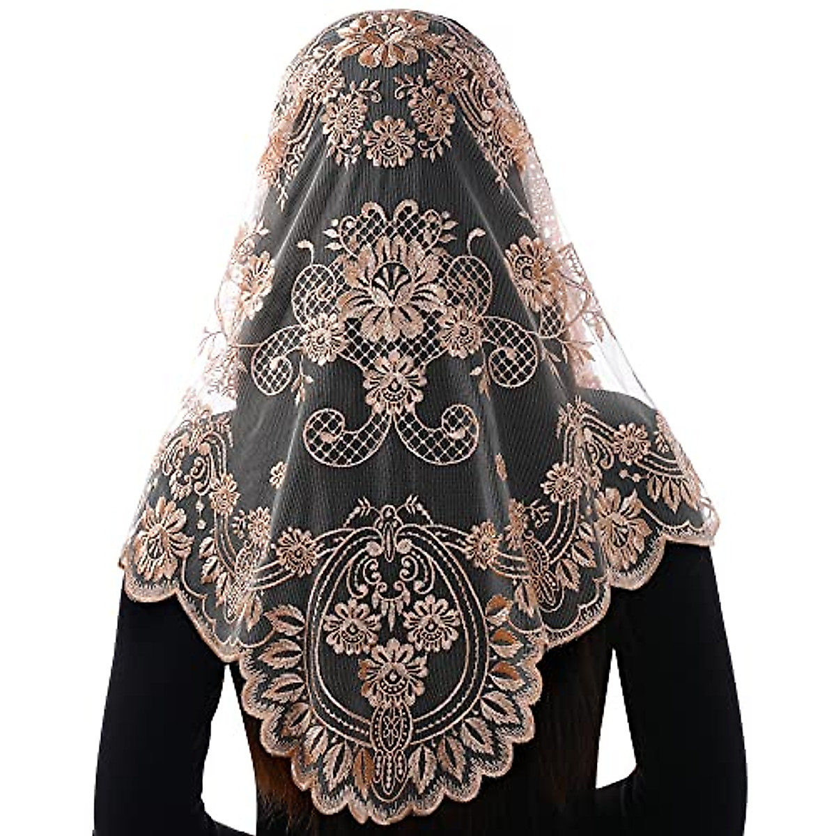 Bozidol Spanish Style Catholic Mass Mantillas Veil for Prayer Floral Orthodox Head Coverings Shawl Chapel Veils (Champagne)