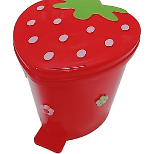 Kawaii Small Trash Can with Lid, Red Strawberry Waste Bin, Desktop Paper Garbage Basket, Plastic Storage Bucket for Bathrooms, Kitchens, Offices, Cars