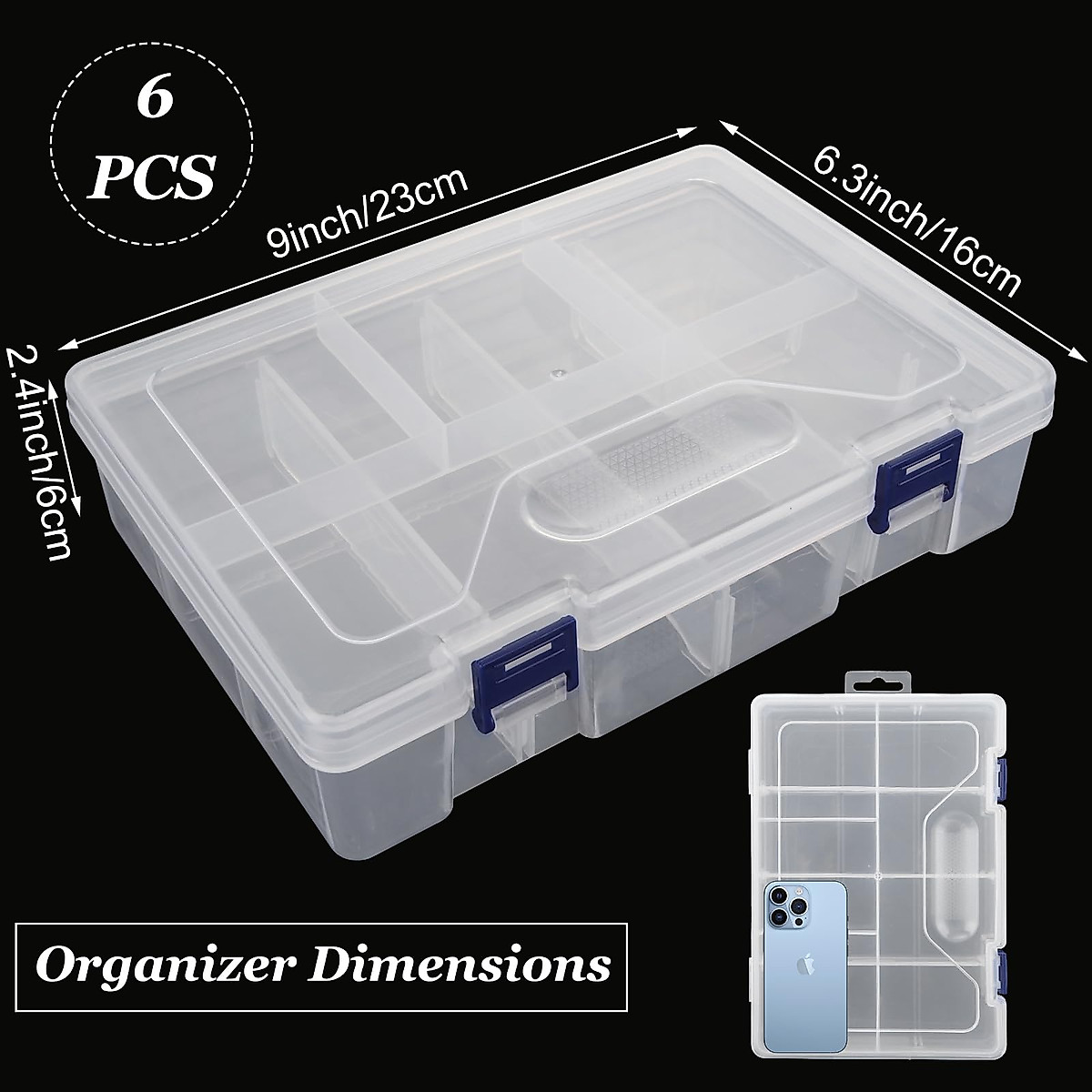 LDXURU 6 Pack 8 Grids Plastic Organizer Box, Clear Organizer Box Adjustable Dividers, Plastic Compartment Container Storage with Removable Dividers for Craft, Beads, Jewelry, Small Part