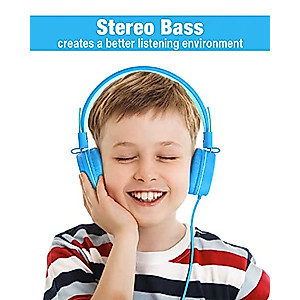 Eposy Kids Headphones, E10 Wired Headphones for Kids Foldable Stereo Bass Headphones with Adjustable Headband, Tangle-Free 3.5 mm Jack for School, On-Ear Headset for Boys Girls Cellphones(Blue/Green)