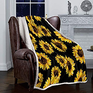 Sunflower Sherpa Fleece Blanket, Super Thick and Warm Cozy Luxury Blanket 40"x50", Vintage Floral Yellow Sunflower Black Background Bed Blanket, Fluffy Plush Microfiber Throw Blanket for Couch