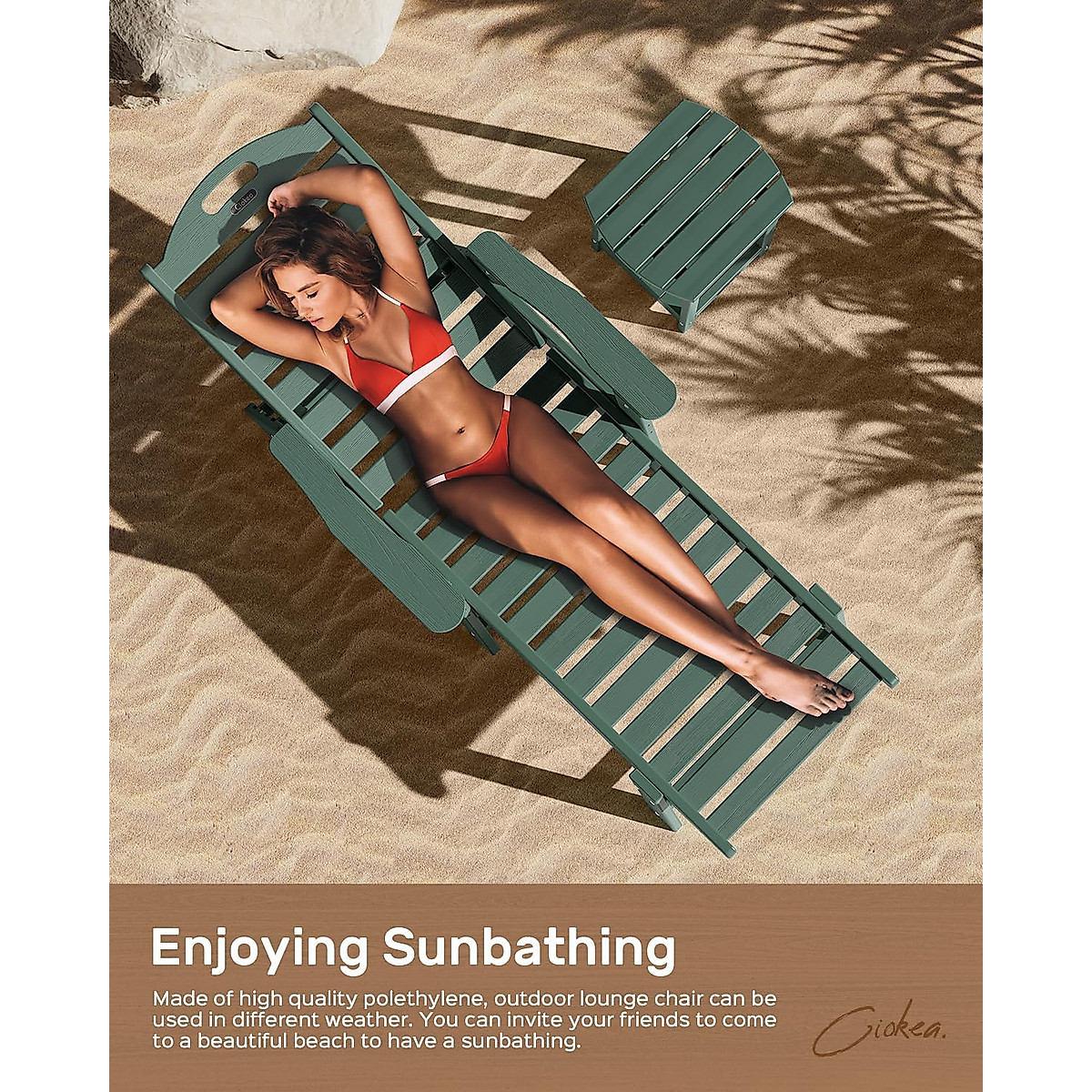 Ciokea Chaise Lounge Chair Outdoor with Wood Texture, Adjustable 5-Position Chaise Lounge Outdoor, Patio Lounge Chair for Poolside Backyard, Green