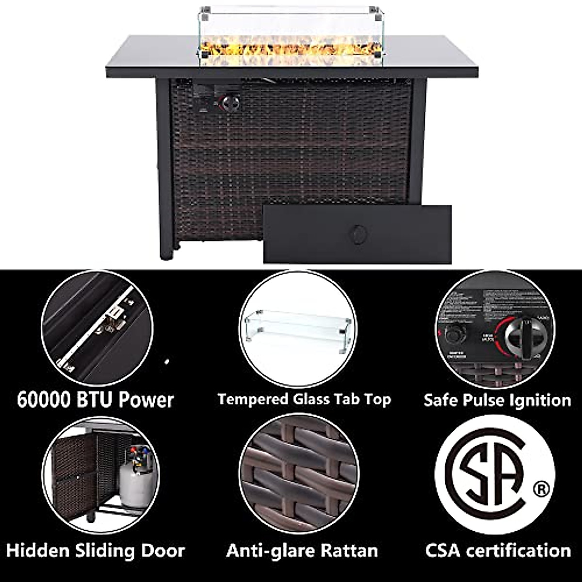 43 in Propane Gas Fire Pit Table, 50,000 BTU Auto-Ignition PE Wicker Gas Fire Pit Table with Glass Wind Guard, Waterproof Cover, CAS Certified for Courtyard Terrace Gardens.
